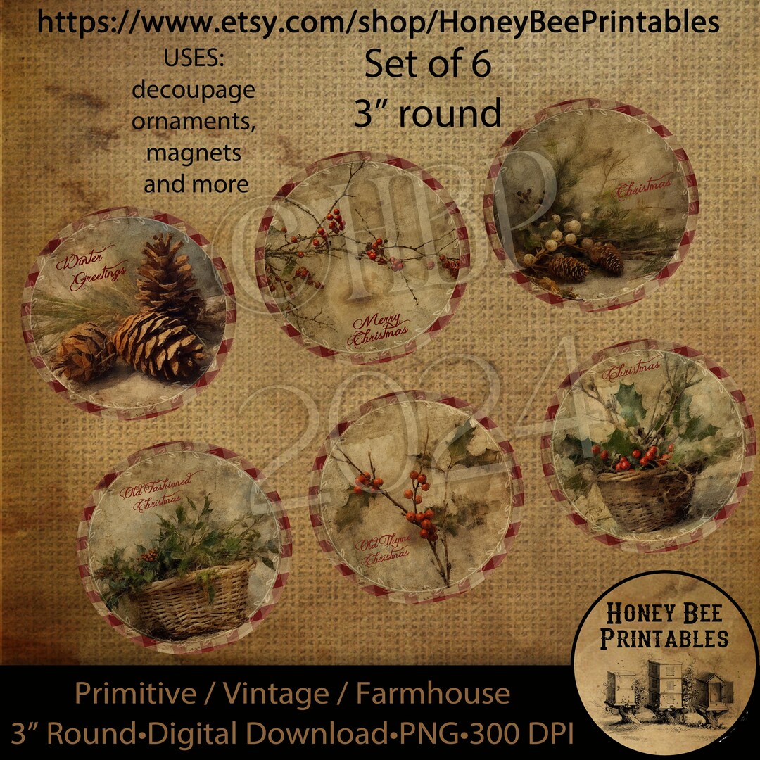 Vintage Primitive Farmhouse Digital Download Printable Decoupage Round ...