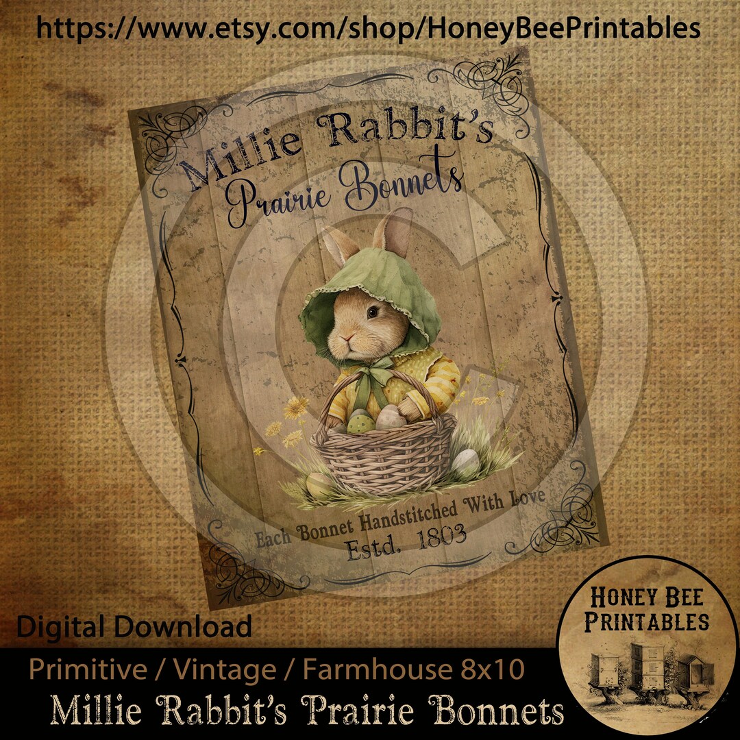 Vintage Primitive Farmhouse Millie Rabbit's Prairie Bonnets Easter ...