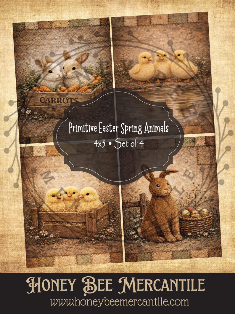 4x5 Vintage Primitive Easter Spring Animal Prints, Digital Download ...