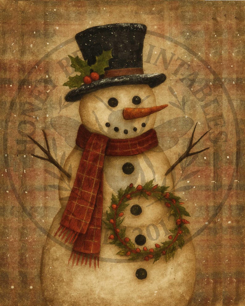 Vintage Snowman Winter Woods Print: Primitive Christmas Decor (digital ...