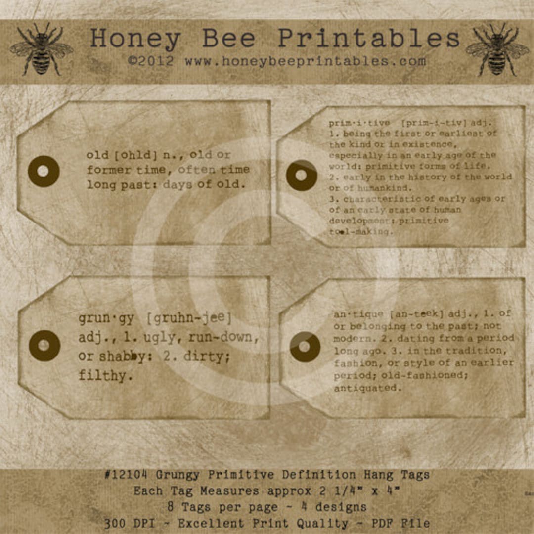 Primitive Grungy Definition Printable Hang Tags / Digital Download JPGE ...