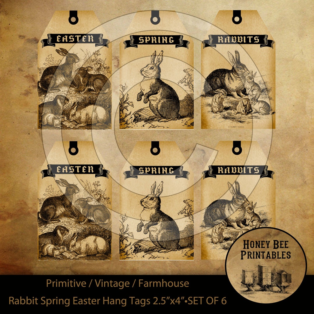 Primitive Farmhouse Vintage Rabbits Hare Easter Hang Tags Digital ...