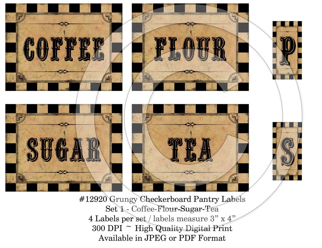 Primitive Grungy Black Checkered Kitchen Pantry Farmhouse Labels ...
