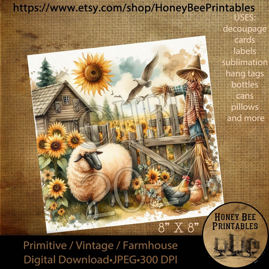 Digital Download, Printable, Decoupage, Vintage, Primitive, Sheep, Farm ...