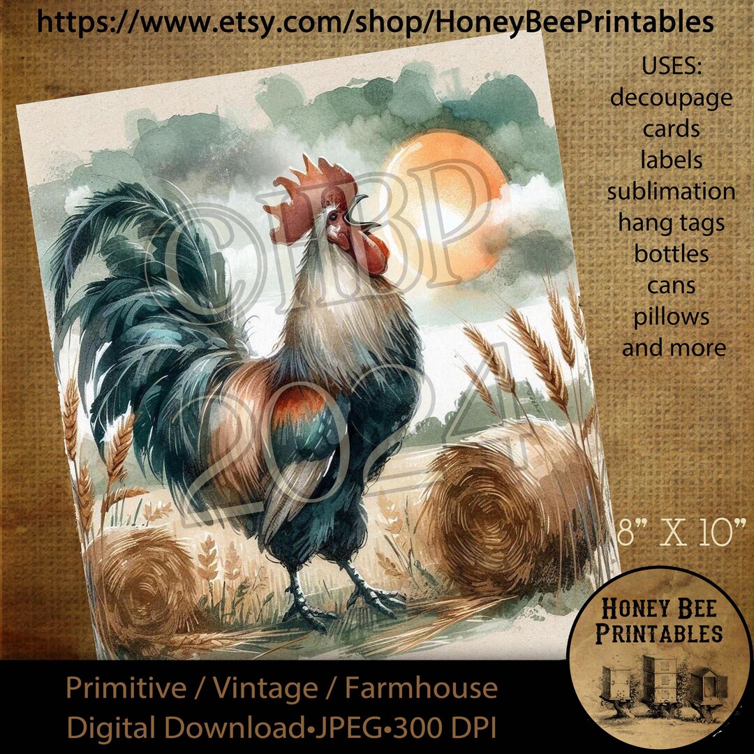 Vintage Digital Download Printable Decoupage Primitive, Rooster, Barn ...