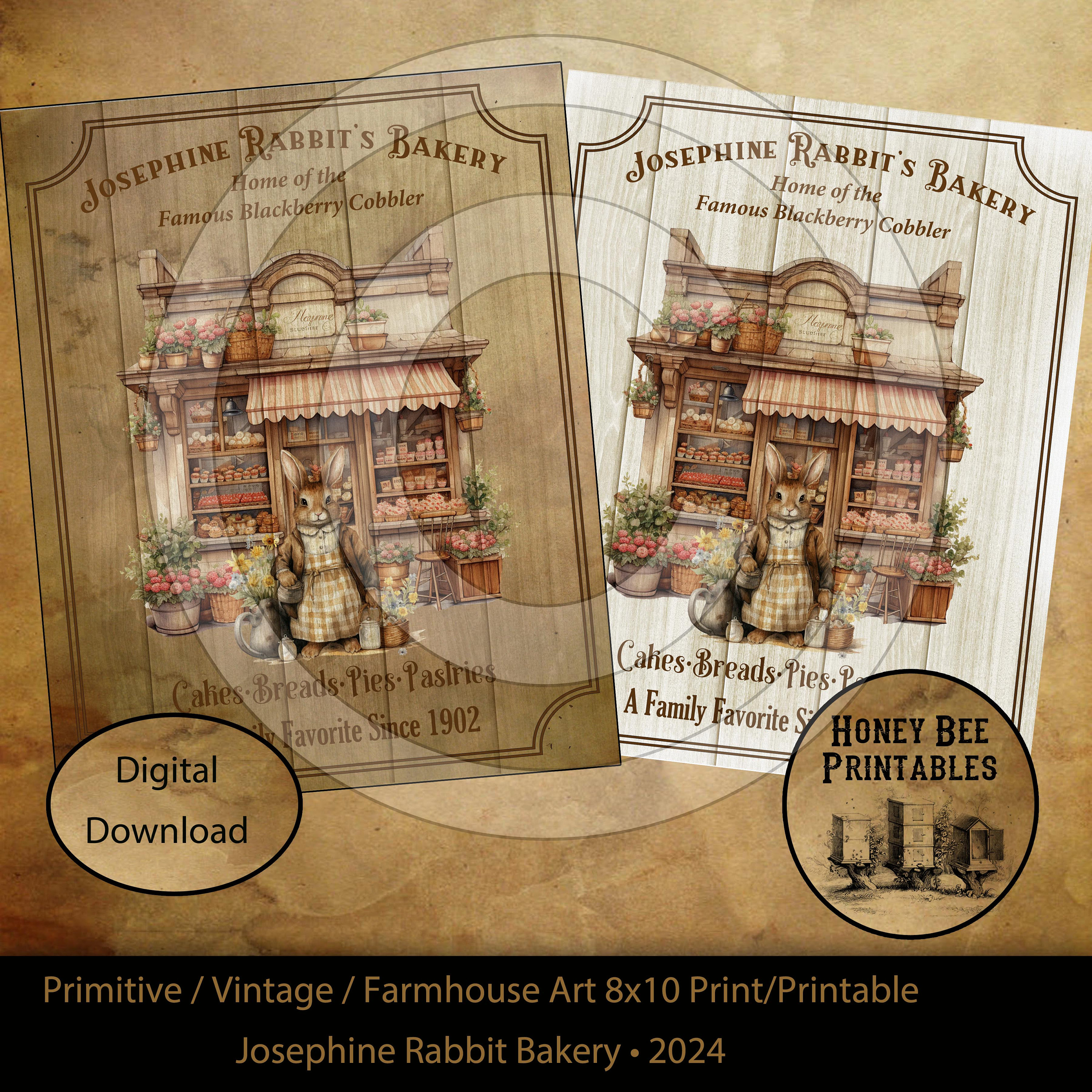 Vintage Primitive Farmhouse Josephine Rabbit Bakery Spring Easter Digital Instant Download ...