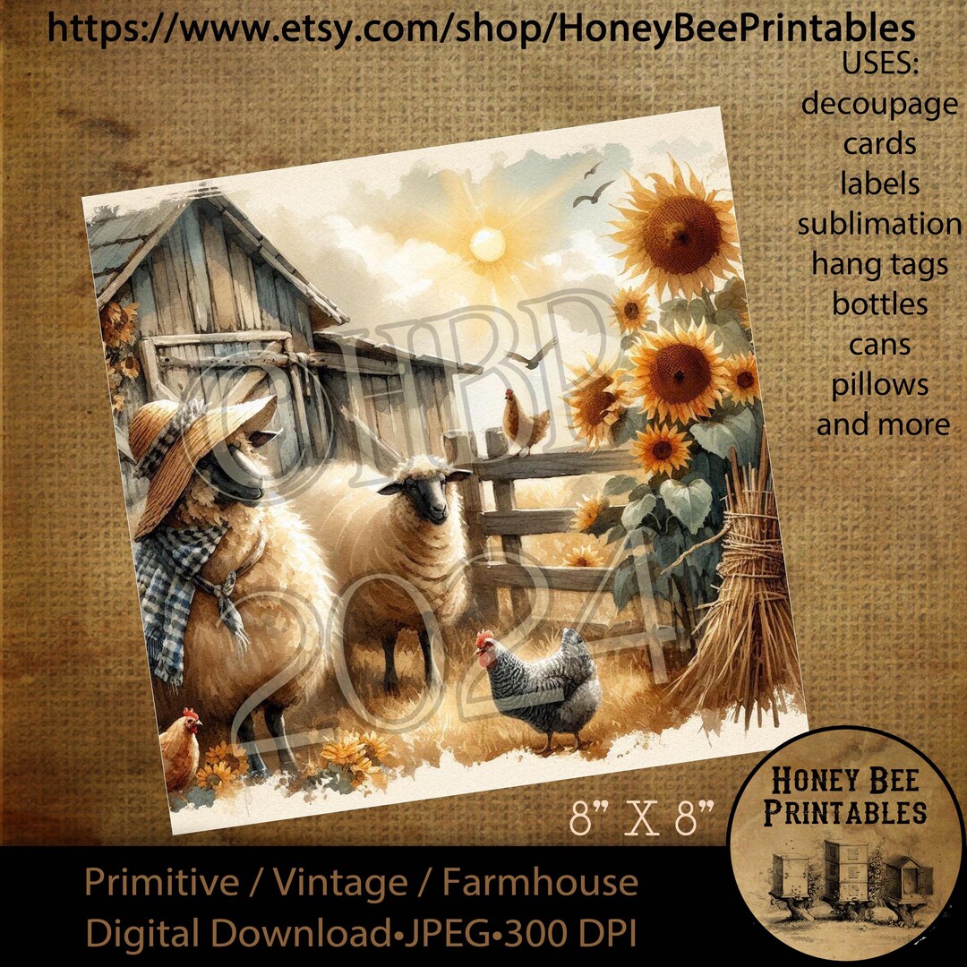 Digital Download, Printable, Decoupage, Vintage, Primitive, Sheep, Farm ...