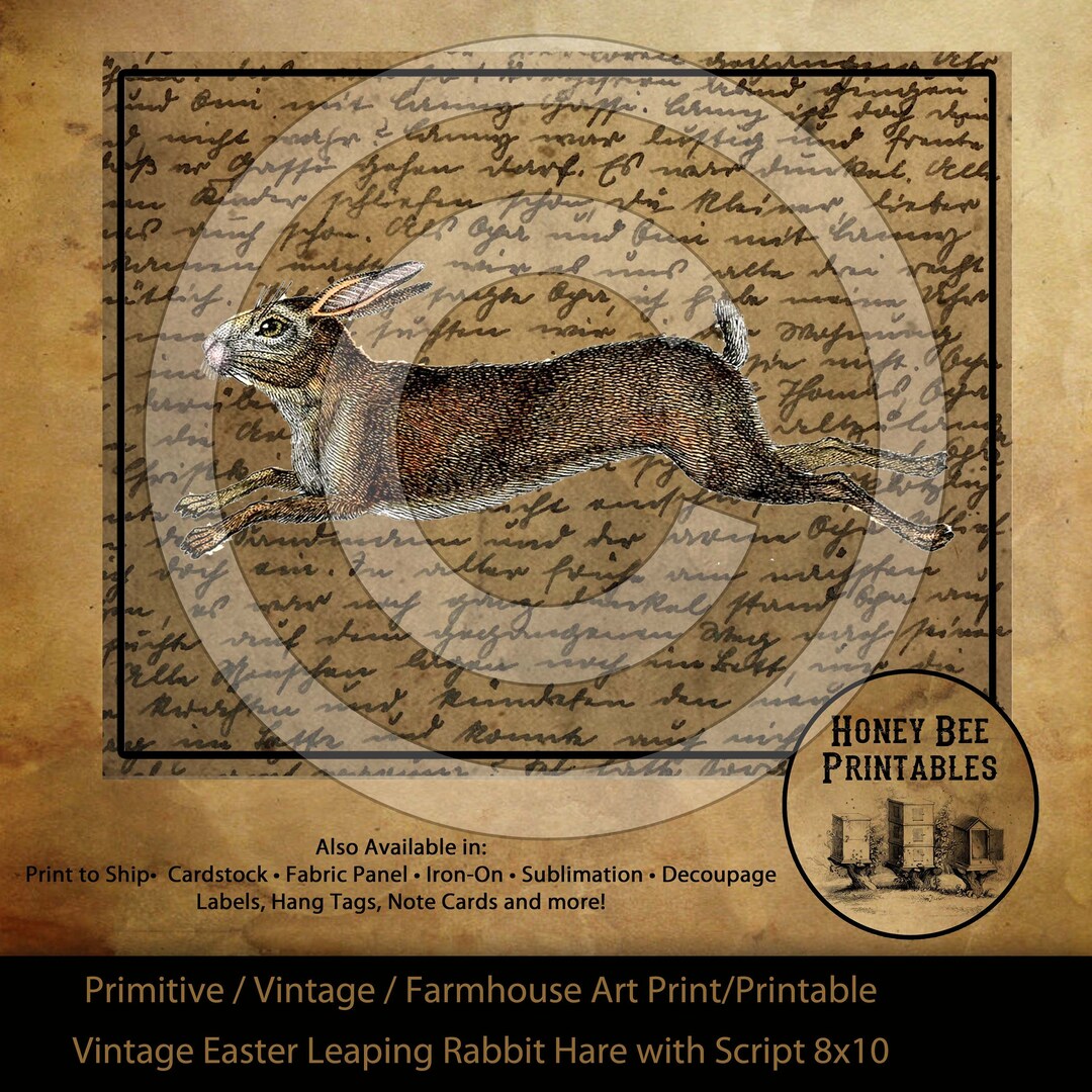 Primitive Farmhouse Vintage Leaping Rabbit Hare Easter Print Digital ...