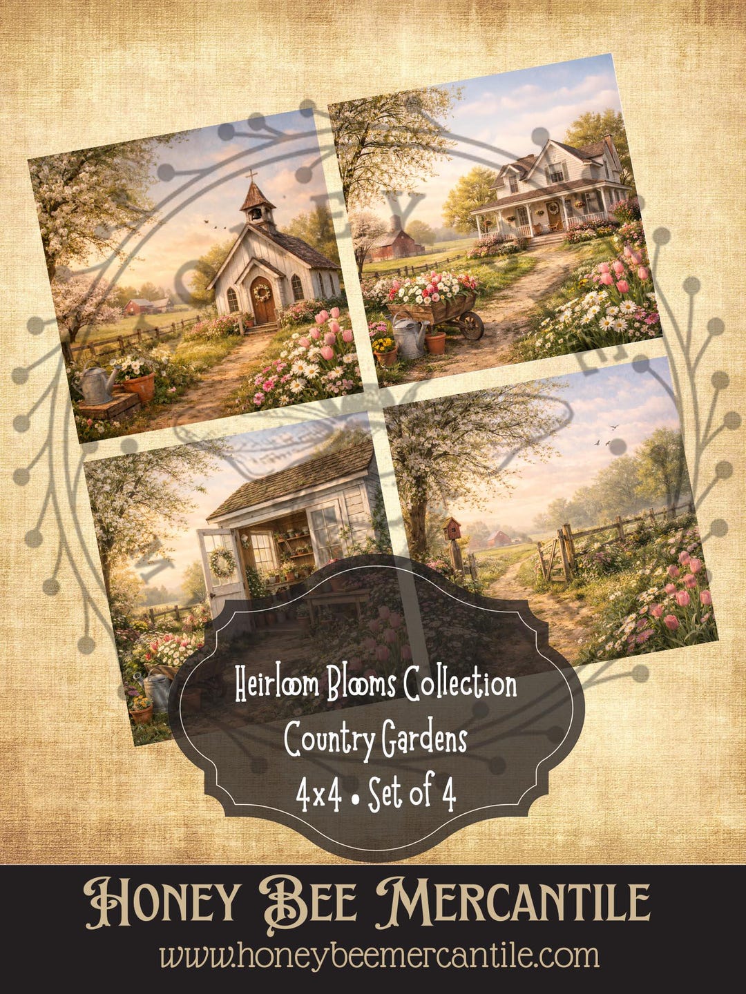 Heirloom Blooms Collection - Country Garden Set of 4, 4x4 Size, Digital ...