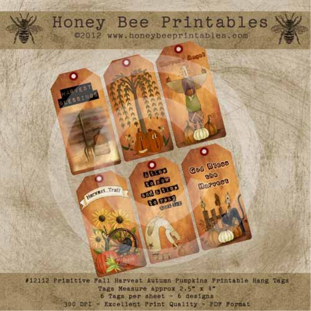 Printable Primitive Fall Autumn Harvest Pumpkins Hang Gift Bag Tags ...