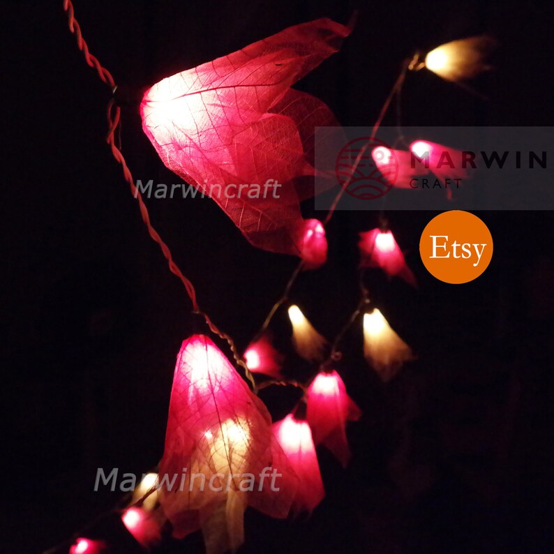 White Pink String Lights Bodhi Leave Flower Fairy Lights | Etsy