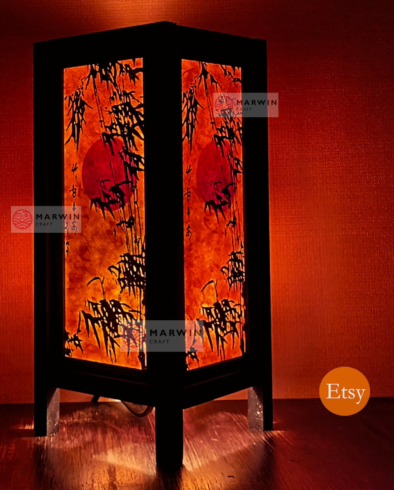 Asian Oriental Orange Dawning Sunset Bamboo Japanese Lamp Zen Bedside ...