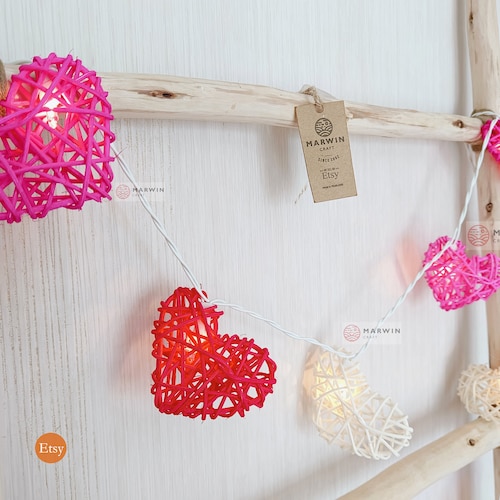 20 35 Red White String Lights Heart Rattan Fairy Lights - Etsy