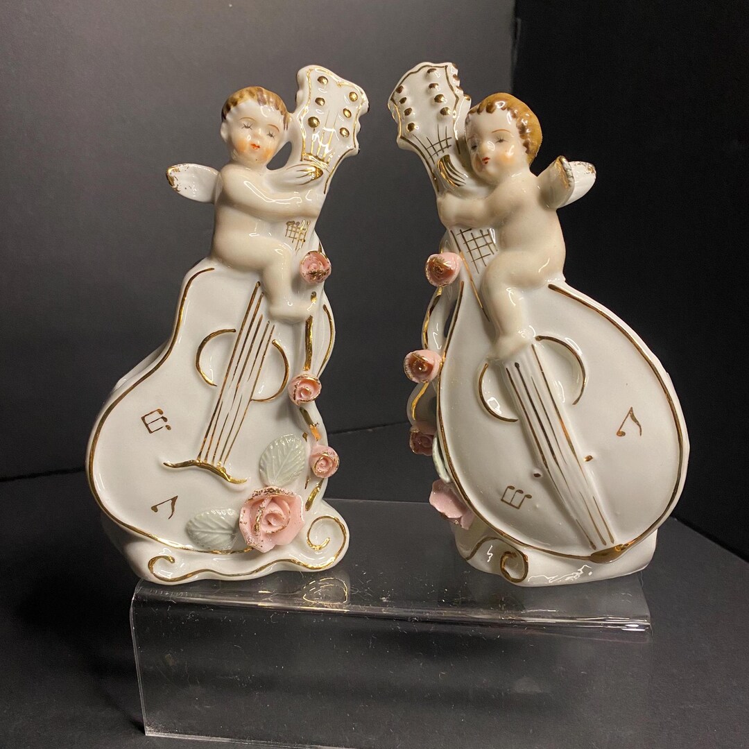 Pair of Vintage Made in Japan Cherub Angel Planters Musical Instruments ...