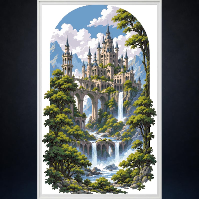 Fantasy Castle Cross Stitch Pattern | Castle Above the Bridge Waterfall ...