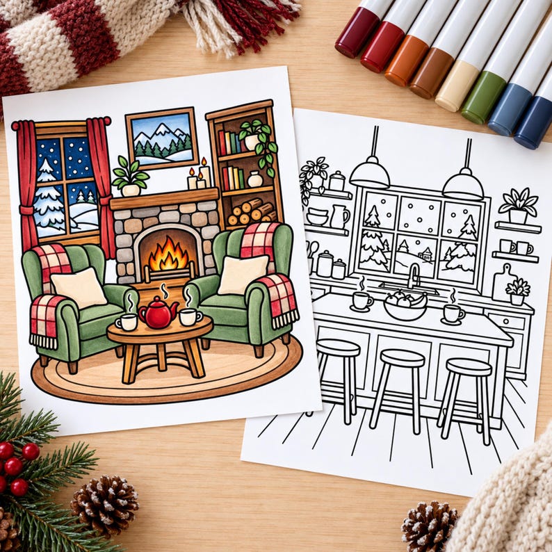 Cozy Winter Rooms Coloring Pages, Bold and Easy Adult Coloring Book ...