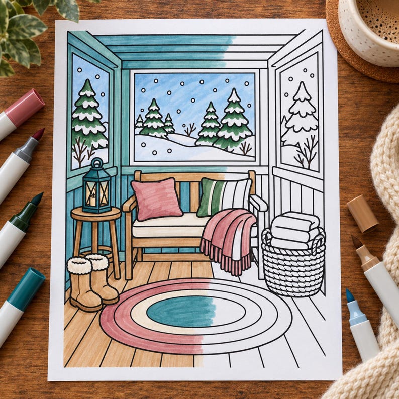 Cozy Winter Rooms Coloring Pages, Bold and Easy Adult Coloring Book ...