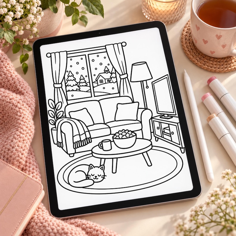 Cozy Winter Rooms Coloring Pages, Bold and Easy Adult Coloring Book ...