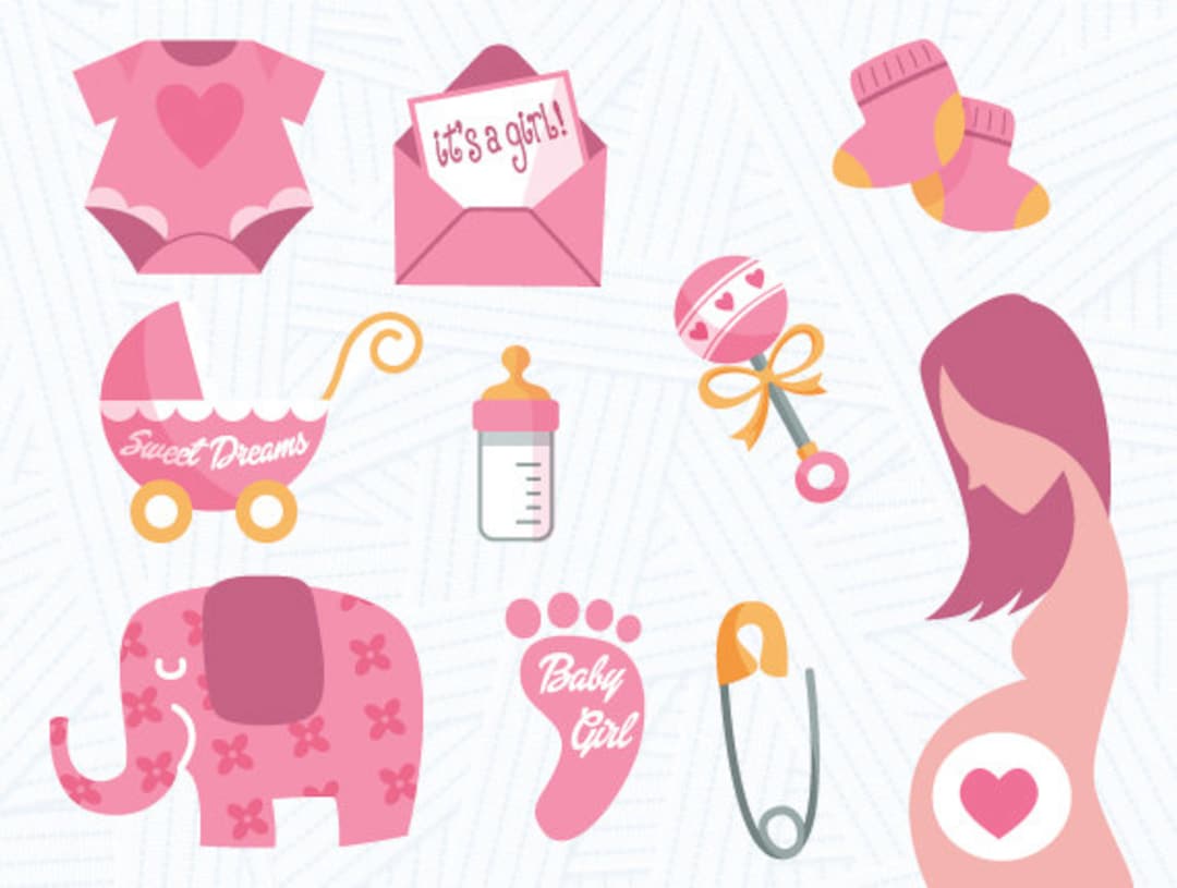 Baby Girl Digital Clip Art, Pink Baby Shower, Baby Girl Graphics, Baby ...