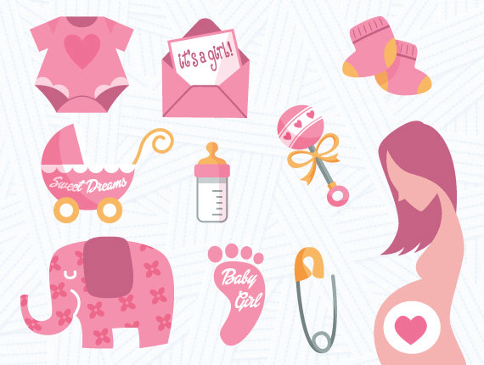 Baby Girl Digital Clip Art, Pink Baby Shower, Baby Girl Graphics, Baby ...