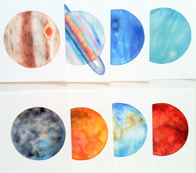 Watercolor Planets Art Print Greeting Cards - Set of 8 A2 Size - Blank ...