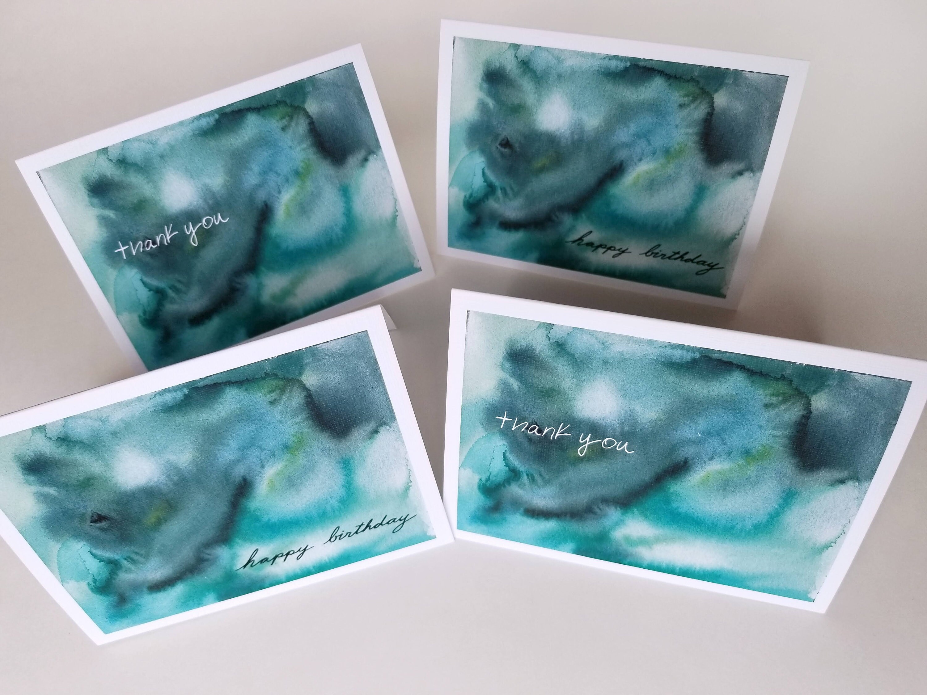 Green Abstract Watercolor Birthday and Thank You Cards Blank | Etsy
