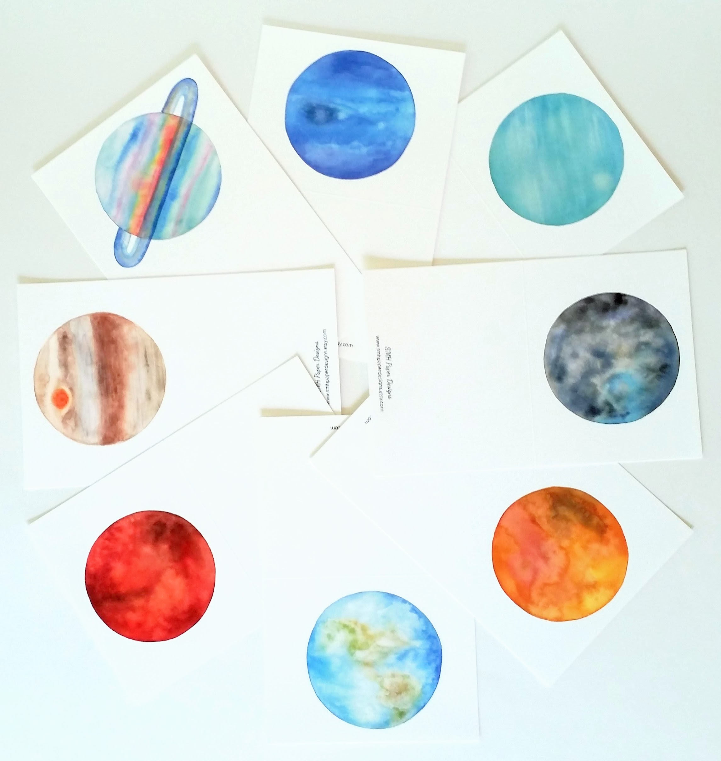 Watercolor Planets Art Print Greeting Cards - Set of 8 A2 Size - Blank ...