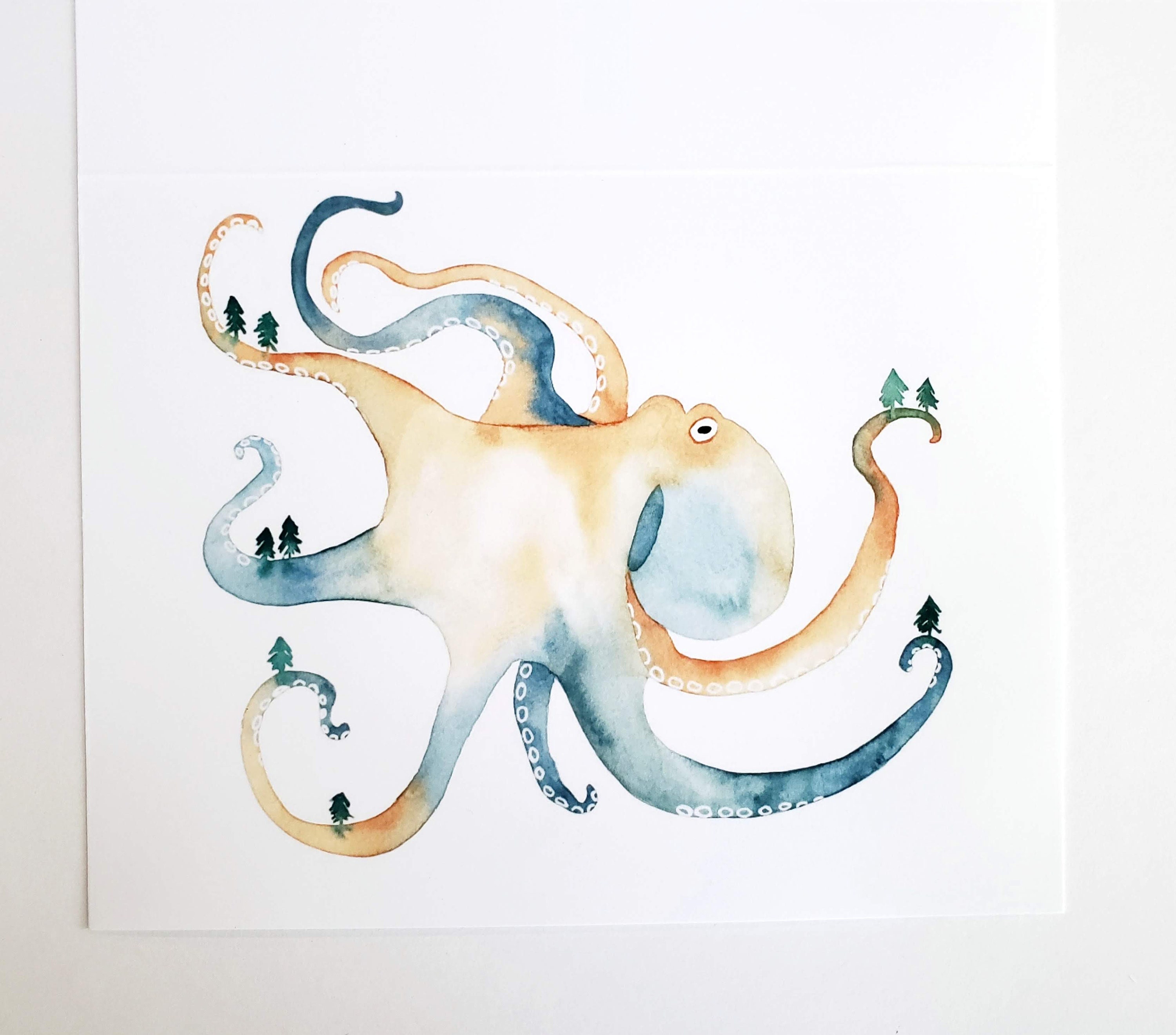 Watercolor Sea Creatures With Trees Prints - Blank Greeting Cards ...