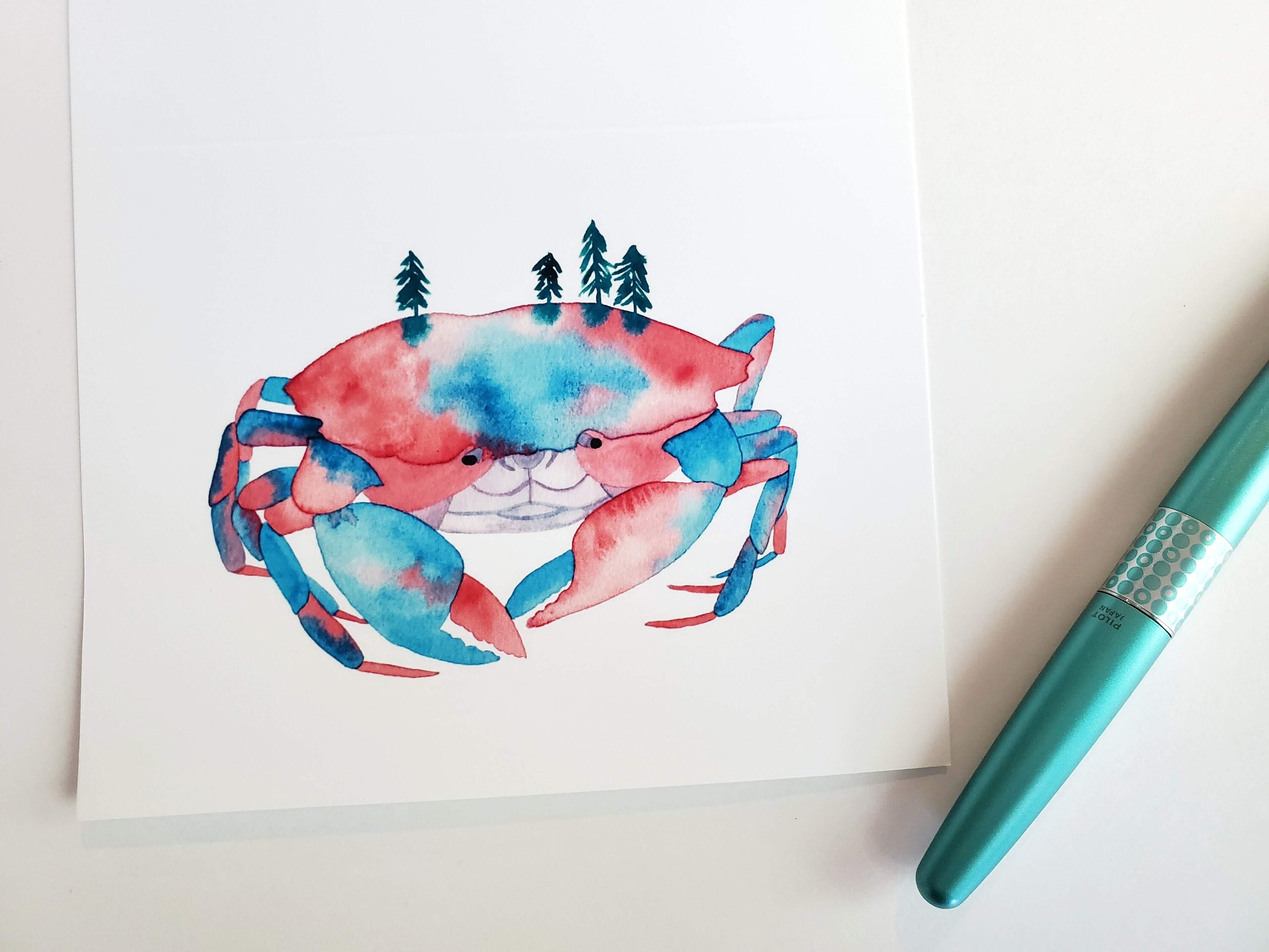 Watercolor Sea Creatures With Trees Prints - Blank Greeting Cards ...