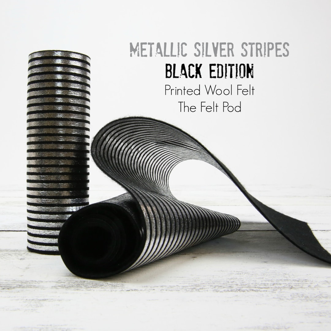 Metallic Silver Stripes on Black Wool Felt // Printed Wool Felt Roll ...