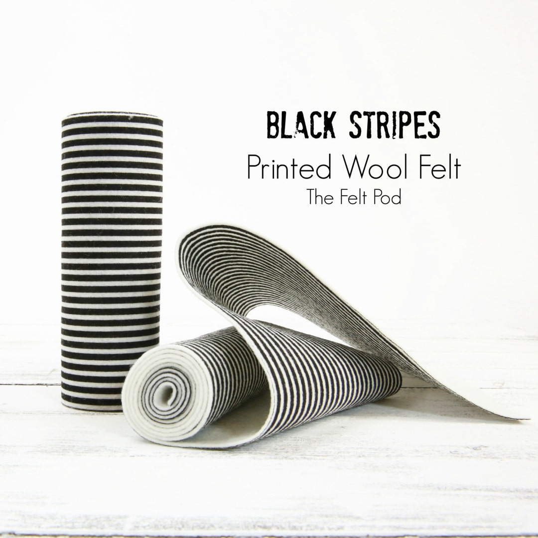 Black Stripes Printed Wool Felt // Black Stripes Wool Felt Roll ...