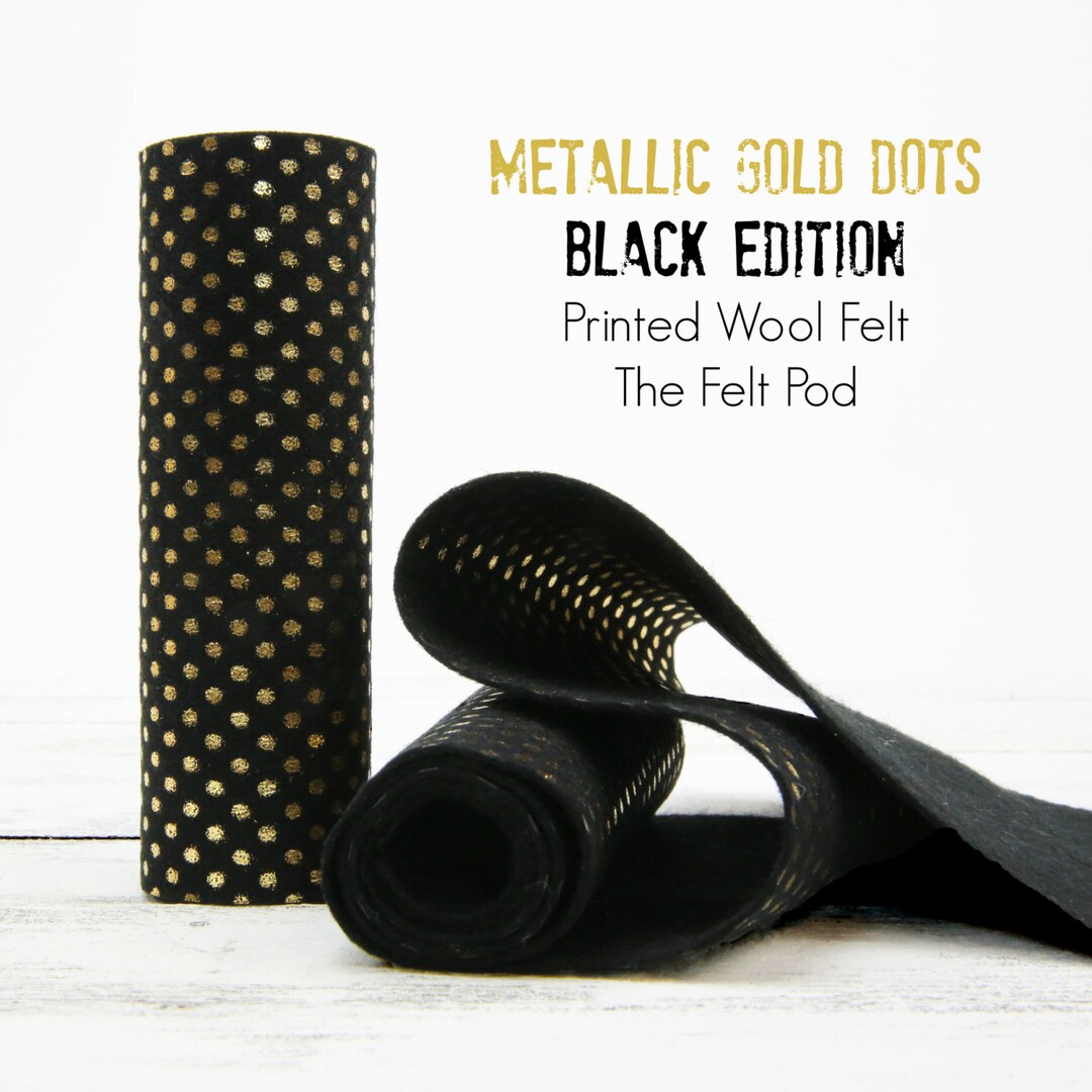 Metallic Gold Polka Dots on Black Wool Felt // Polka Dotted Wool Felt ...