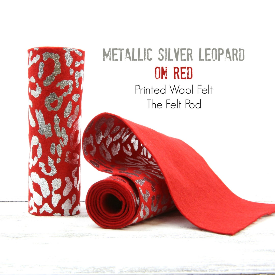 Metallic Silver Leopard Print on Red Wool Felt // Printed Wool Felt ...