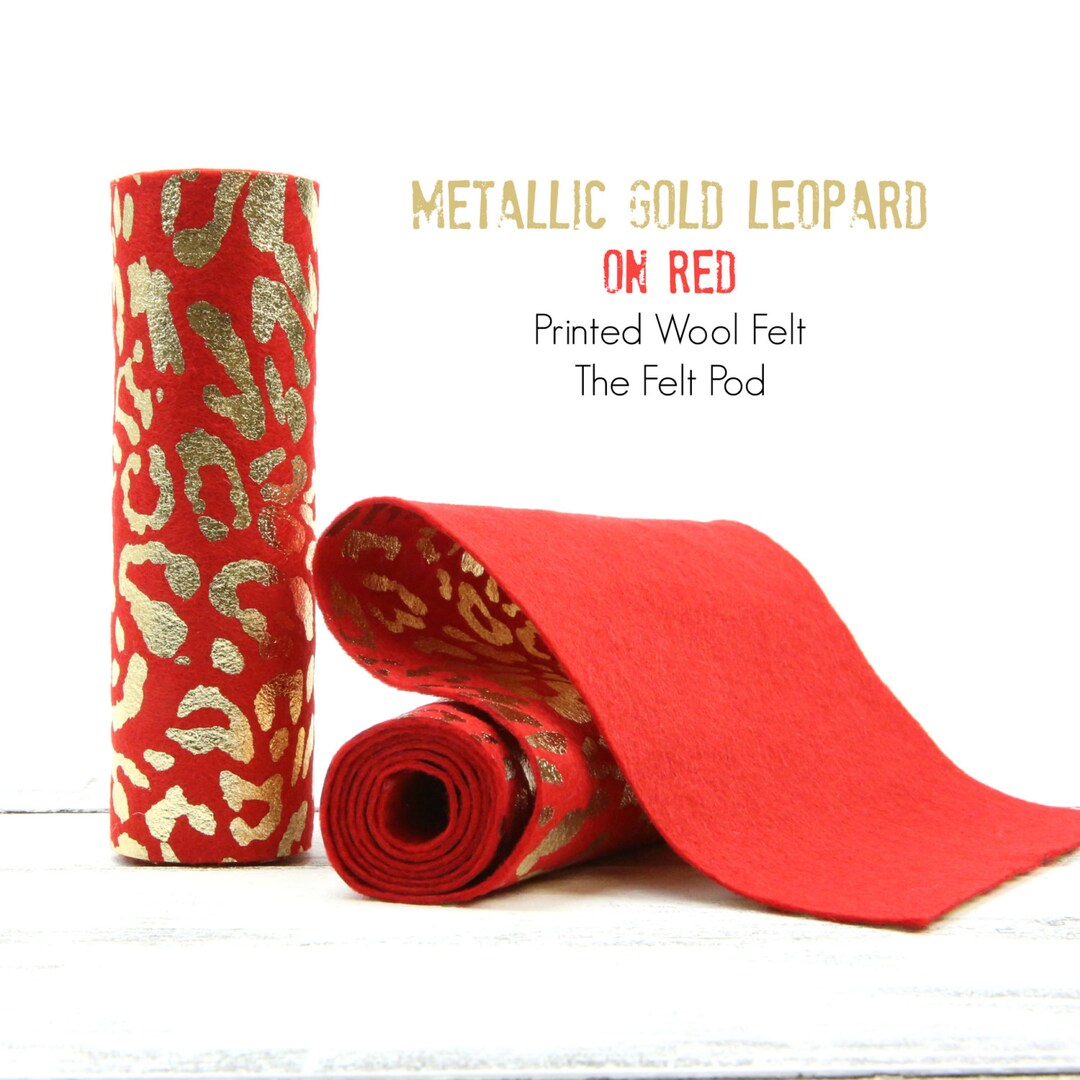 Metallic Gold Leopard Print on Red Wool Felt // Printed Wool Felt Roll ...