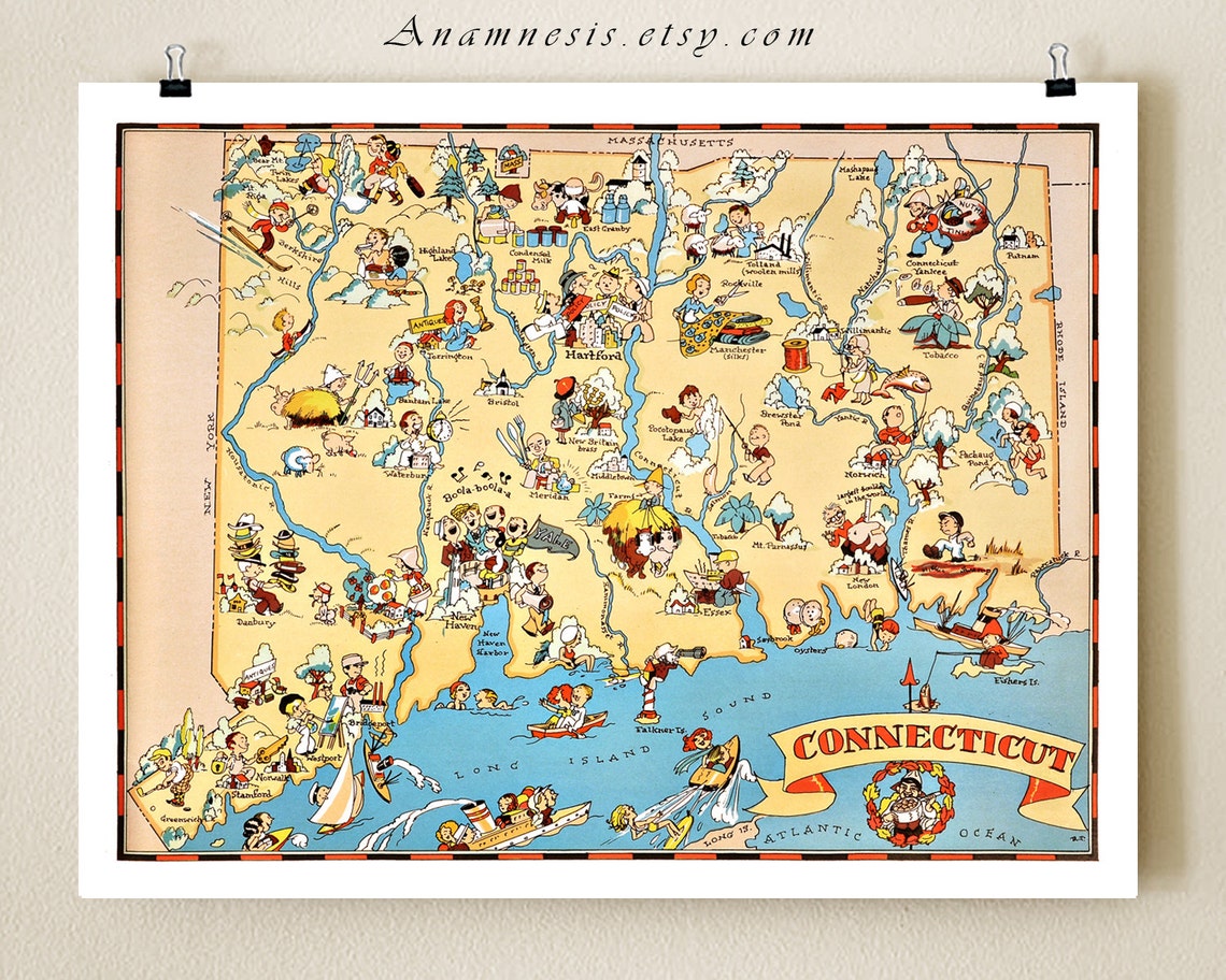 CONNECTICUT MAP PRINT Vintage Pictorial Map Wall Decor - Etsy