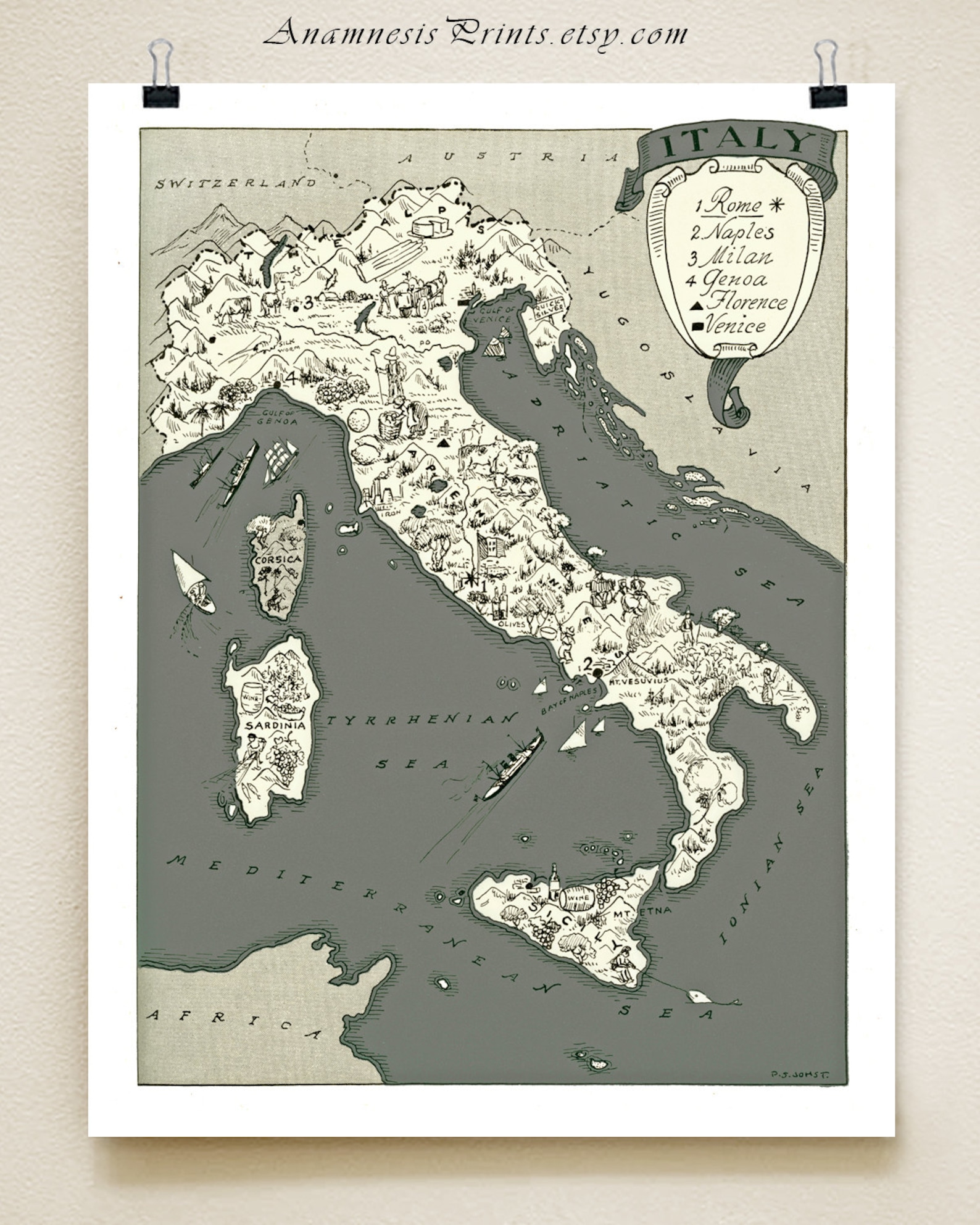 ITALY MAP PRINT Vintage Picture Map of Italy Lovely - Etsy