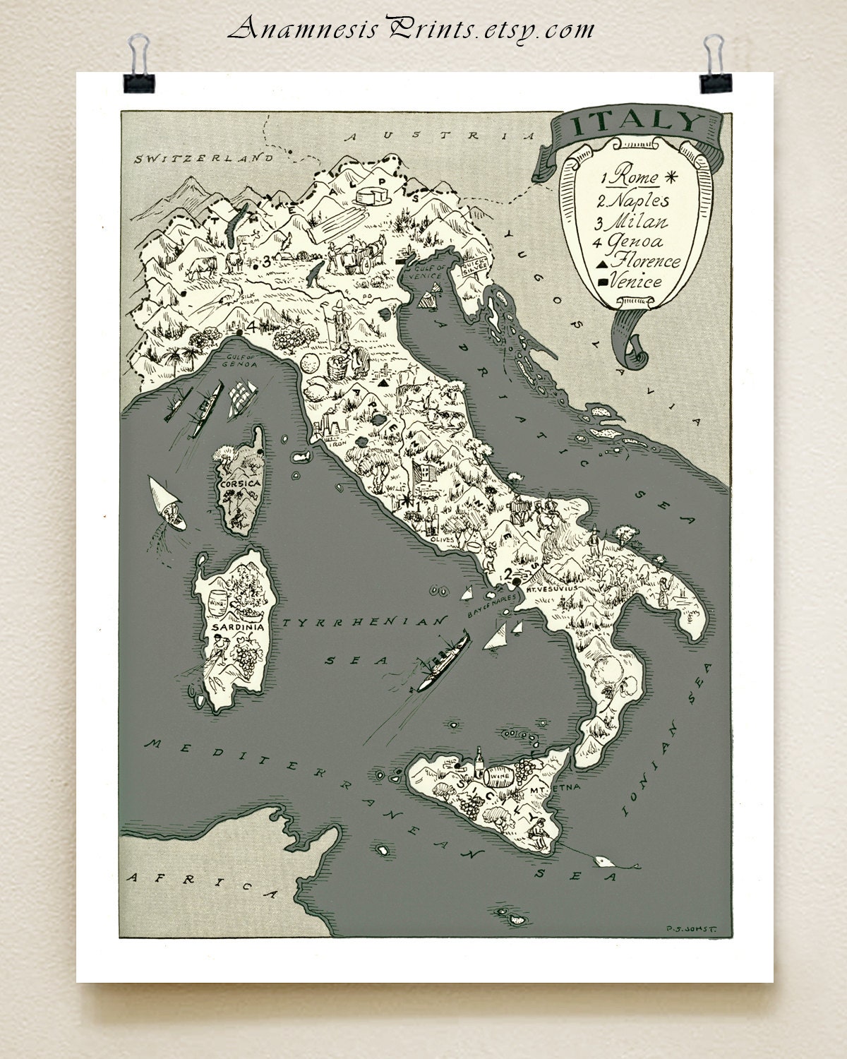 ITALY MAP PRINT Vintage Picture Map of Italy Lovely - Etsy
