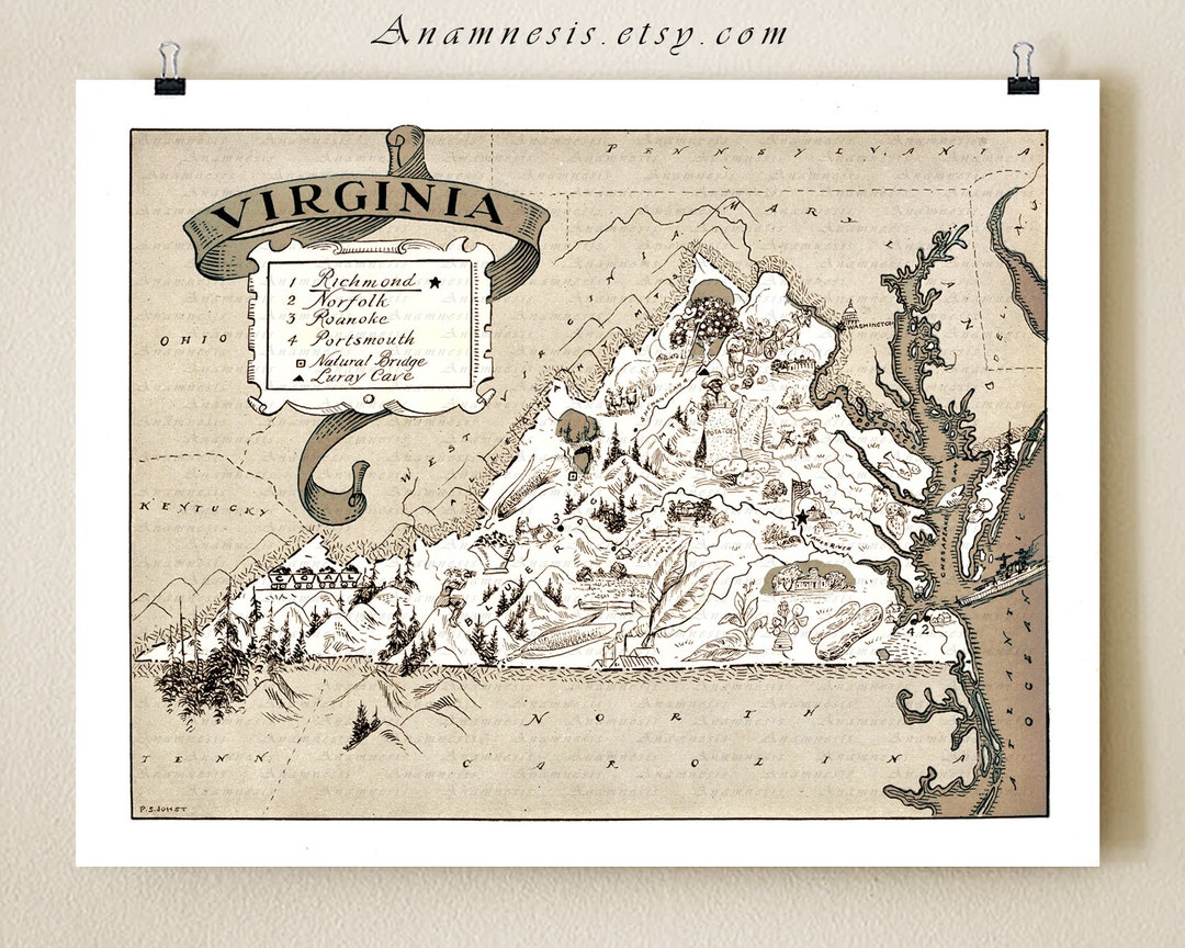 VIRGINIA MAP PRINT Picture Map Illustrated Map Print Wedding Gift Idea ...