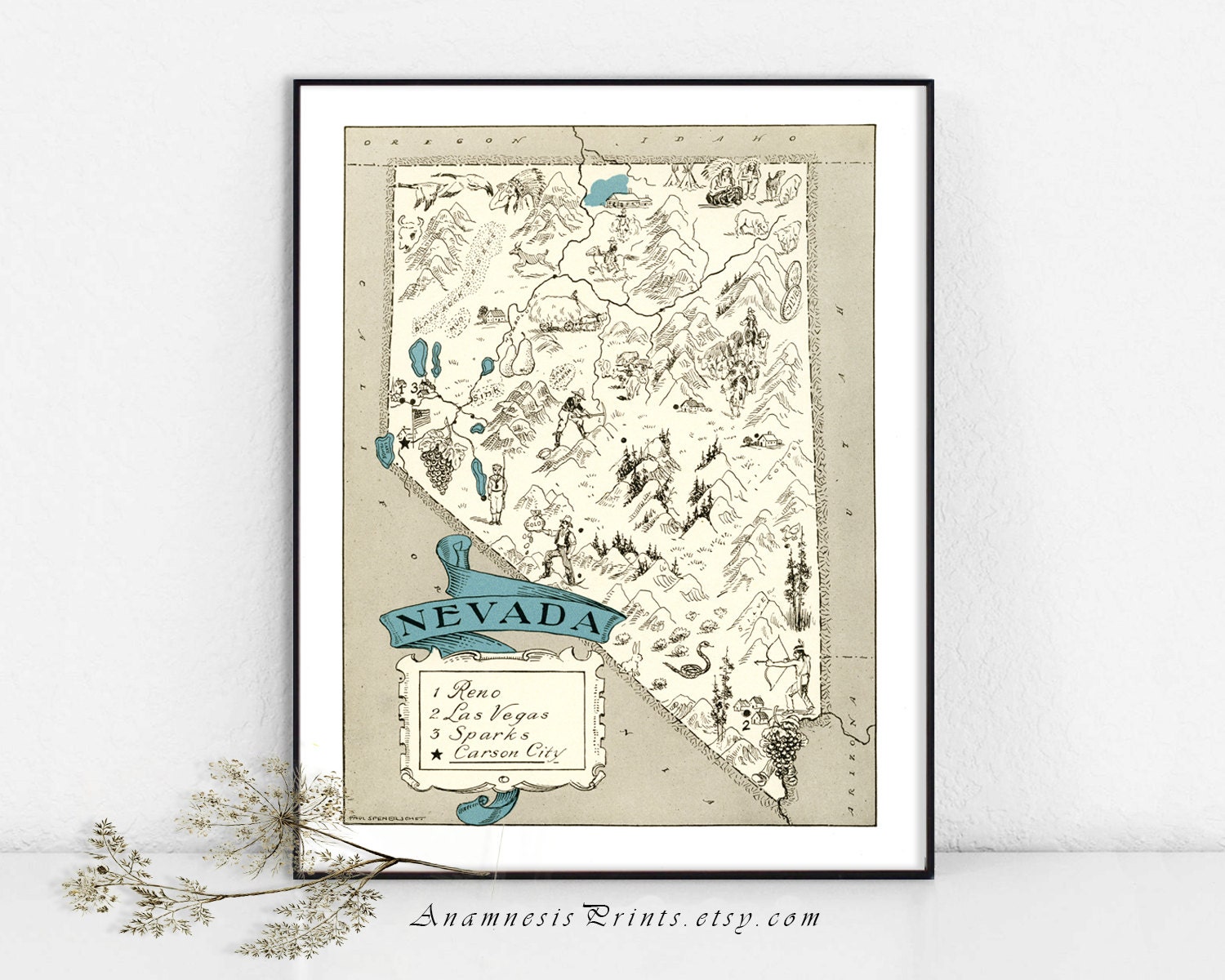 NEVADA MAP PRINT - Vintage Pictorial Map for Framing - Wedding Gift ...