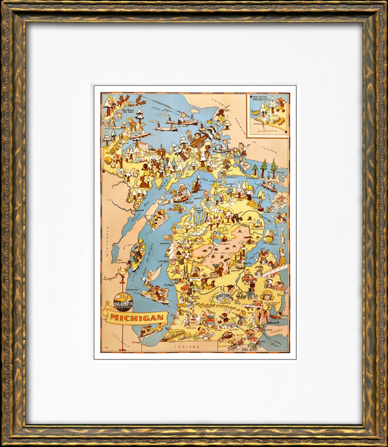 MICHIGAN MAP PRINT Vintage Picture Map to Frame Whimsical - Etsy