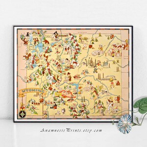 WYOMING MAP PRINT Vintage Picture Map to Frame Fun Wimsical Map Art ...