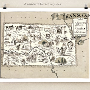 KANSAS MAP PRINT Vintage Pictorial Map Size & Color Choices Personalize ...