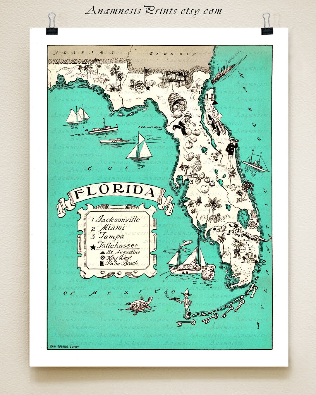 FLORIDA MAP PRINT Shown in Sea Blue Personalize It Vintage Coastal Map ...