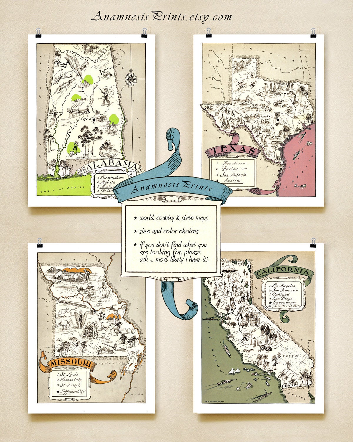 LOUISIANA MAP PRINT - Vintage Pictorial Map Wall Decor - Size & Color ...