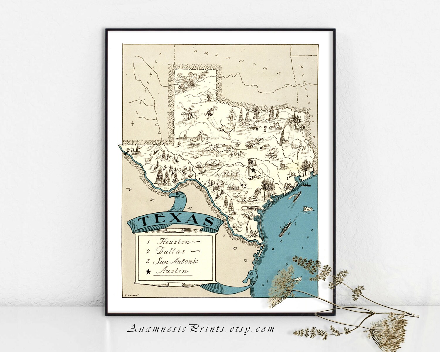 TEXAS MAP PRINT Fun Vintage Picture Map Print to Frame - Etsy