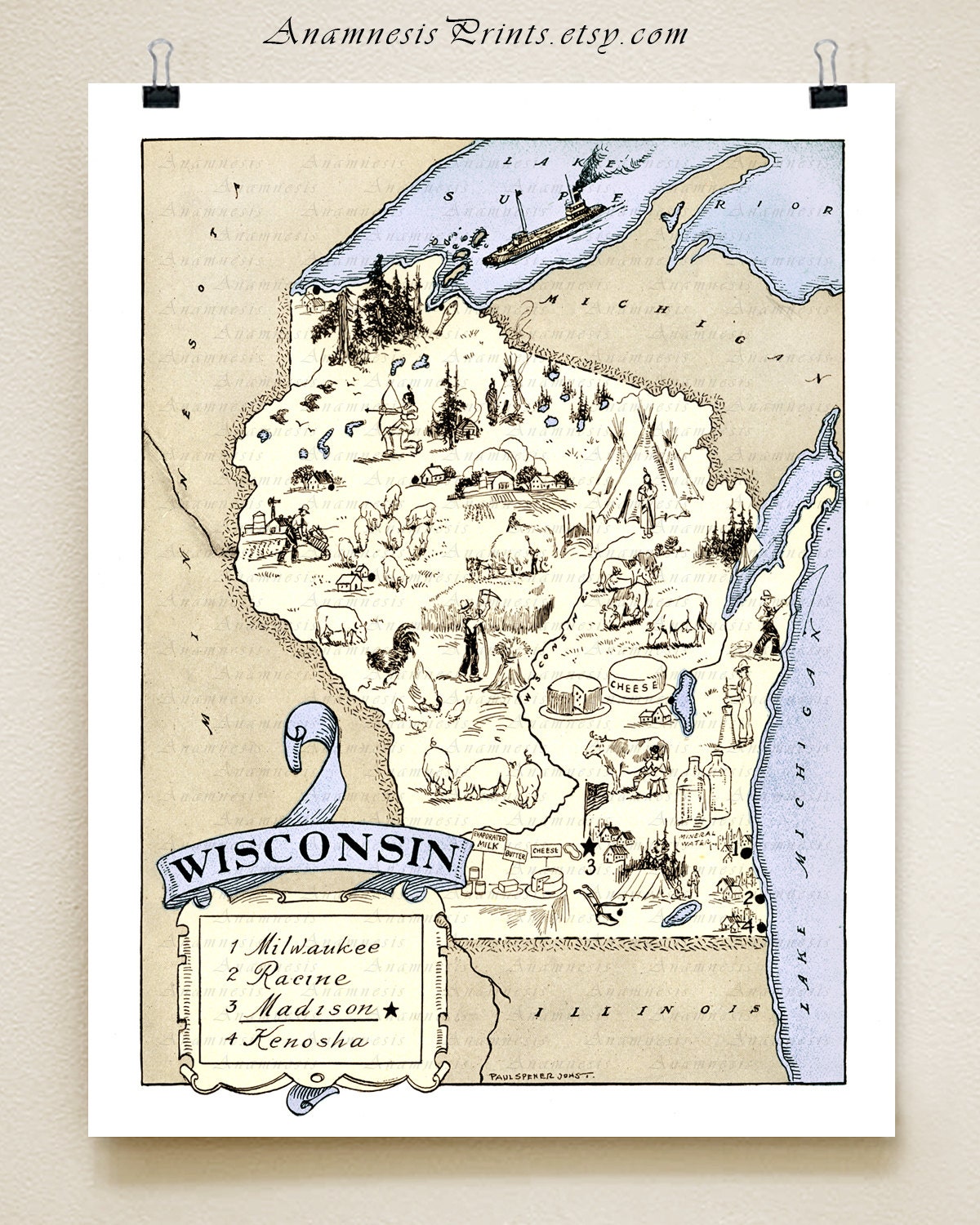 WISCONSIN MAP PRINT Framable Vintage Picture Map Perfect - Etsy