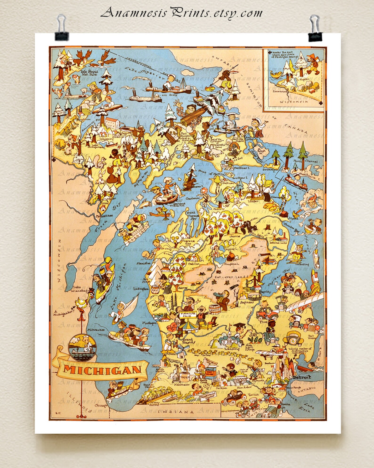 MICHIGAN MAP PRINT Vintage Picture Map to Frame Whimsical - Etsy