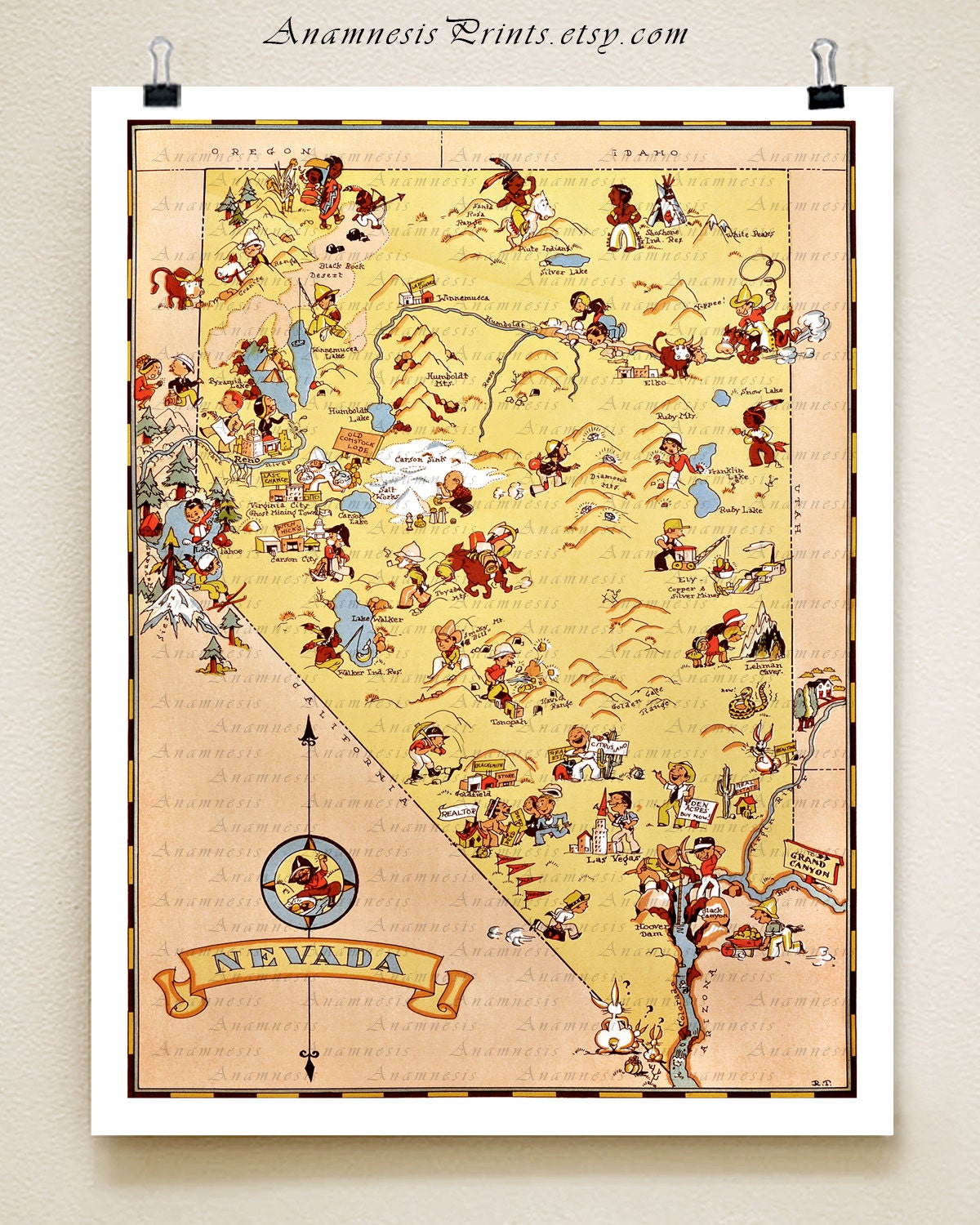 NEVADA MAP PRINT Vintage Picture Map to Frame Whimsical Gift ...