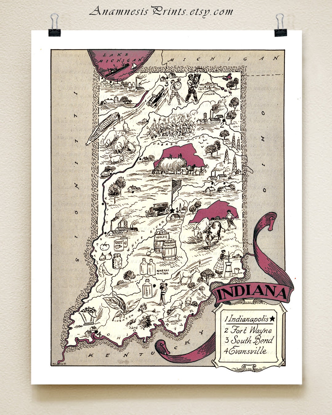 INDIANA MAP PRINT Shown in Plum Color Personalize It Vintage Map for ...