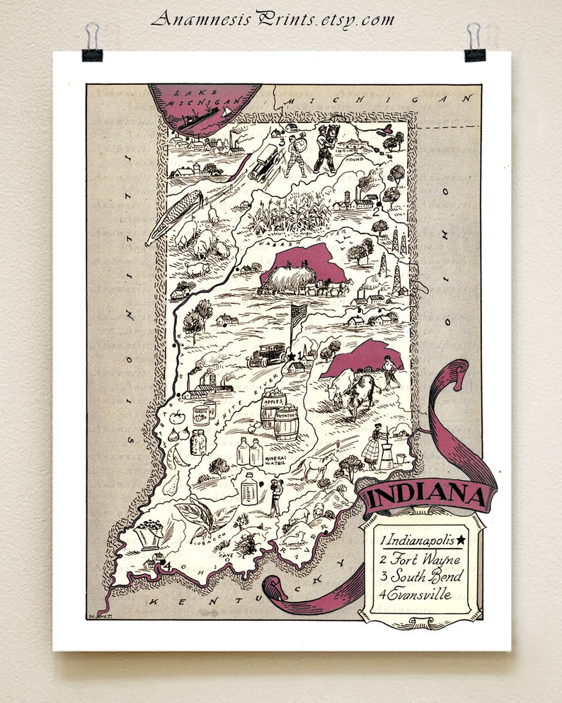 INDIANA MAP PRINT Size & Color Choices Personalize It - Etsy